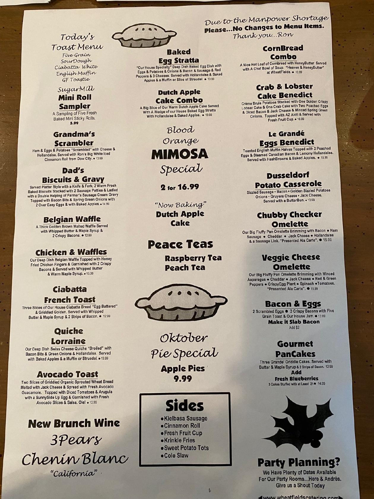 Menu at WheatFields Eatery & Bakery, Omaha, S 103rd St