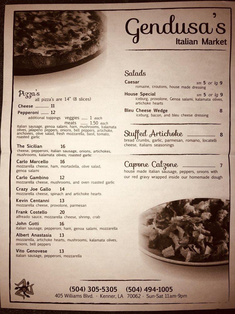 Menu at Gendusa's Italian Eatery pizzeria, Kenner