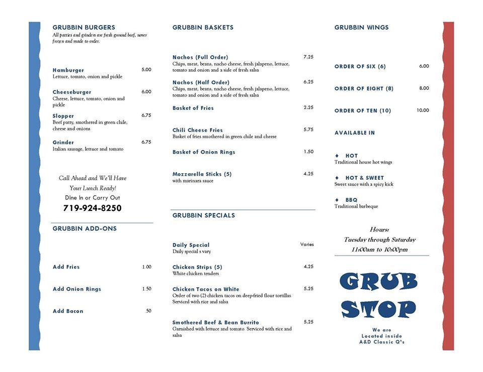 Menu at Grub Stop restaurant, Pueblo