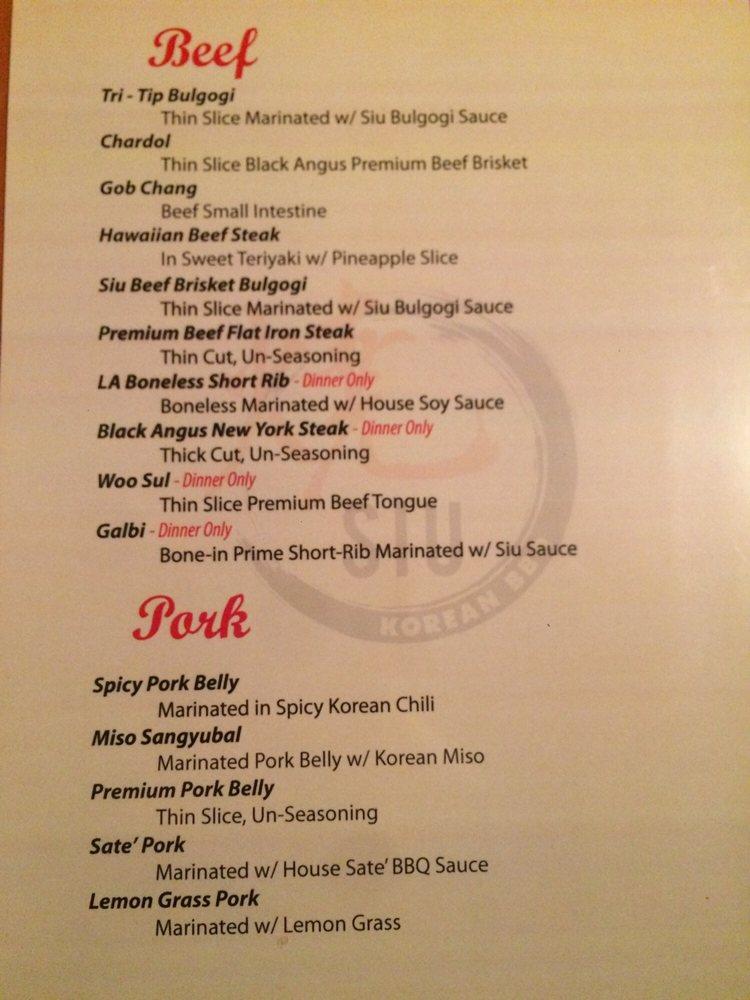 Menu at Siu Korean BBQ, Sparks