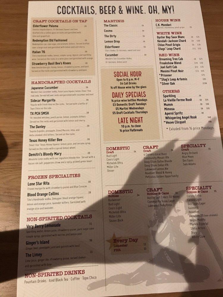 Carta del pub y bar Sidecar Social Addison, Dallas