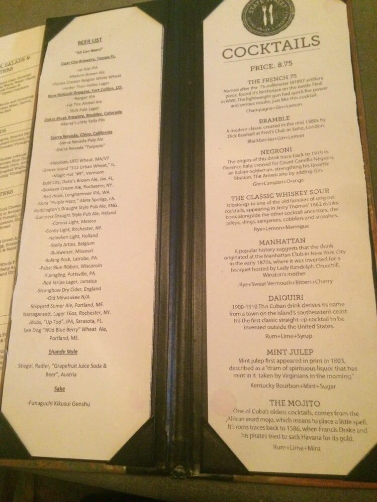 Menu at State Street Eating House + Cocktails pub & bar, Sarasota