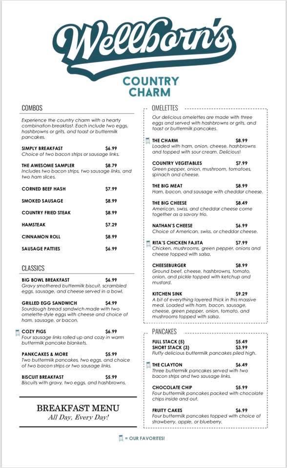 Menu at Wellborn's Country Charm restaurant, Wellborn