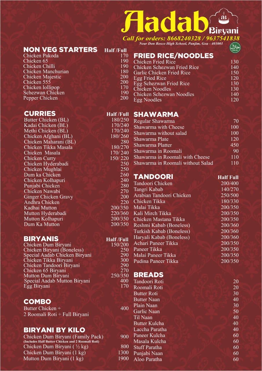Menu at Aadab Biryani, Panaji