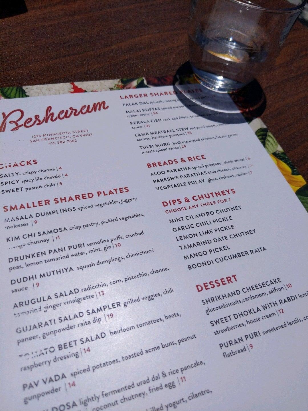 Menu at Besharam restaurant, San Francisco