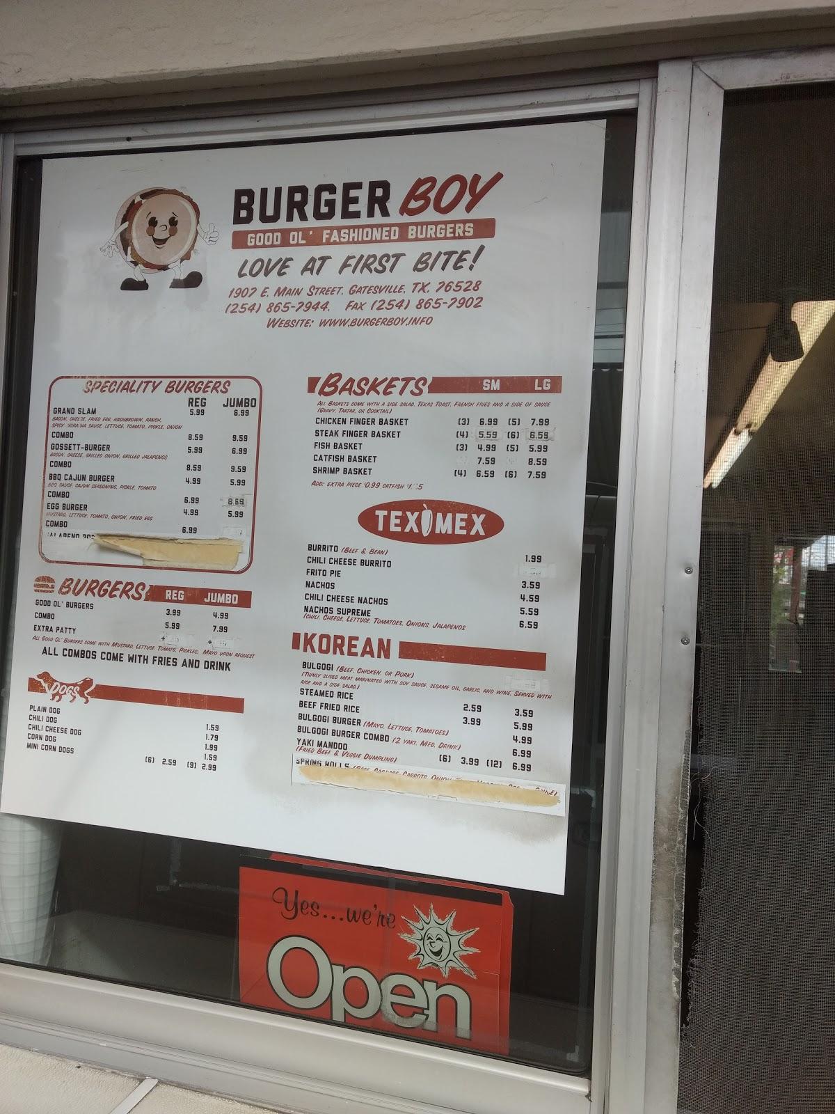 Menu at Burger Boy fast food, Gatesville