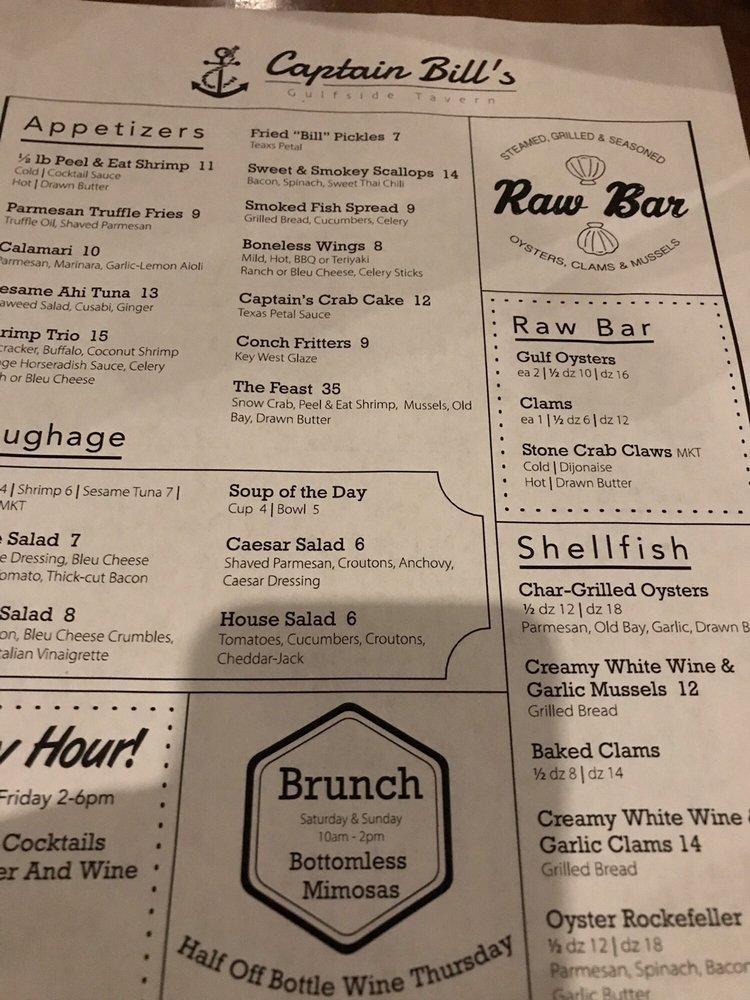 Menu at Captain Bill's Oyster Bar, Treasure Island