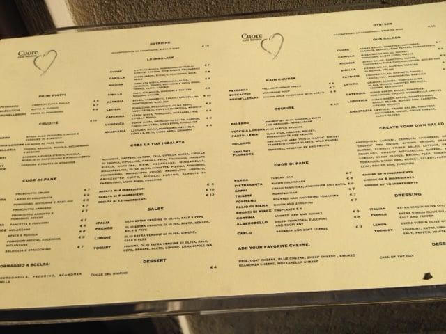 Menu da Cuore Caffe pub & bar, Firenze