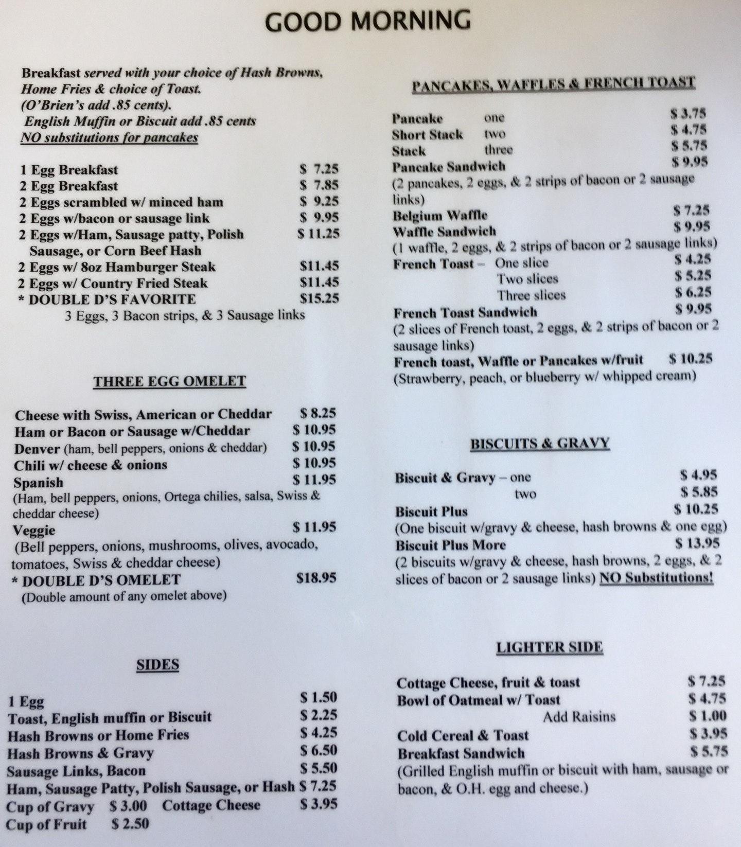 Menu at Double D's Cafe, Gold Beach