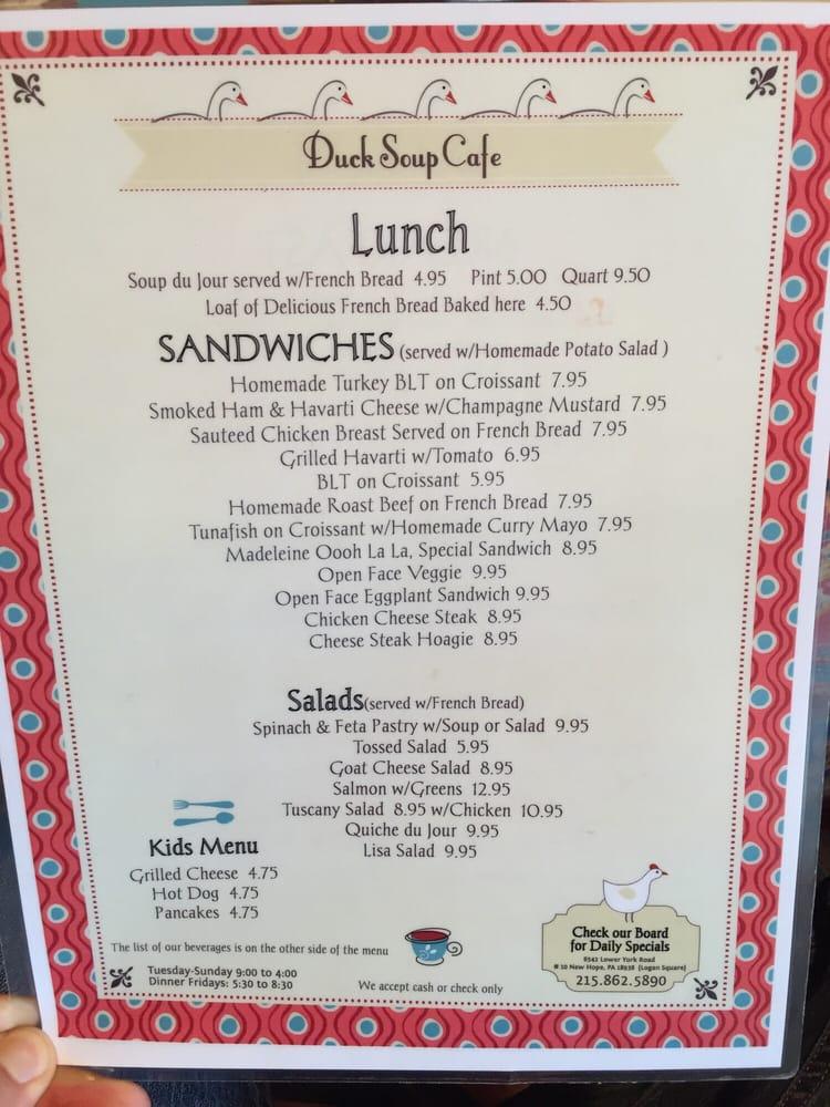 Menu at Duck Soup Cafe, New Hope