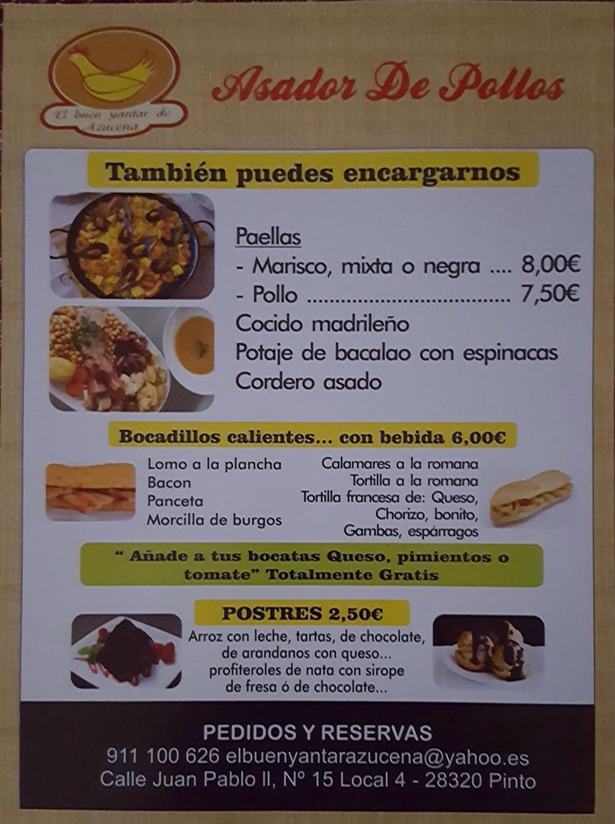 Menu at El Buen Yantar de Azucena restaurant, Pinto