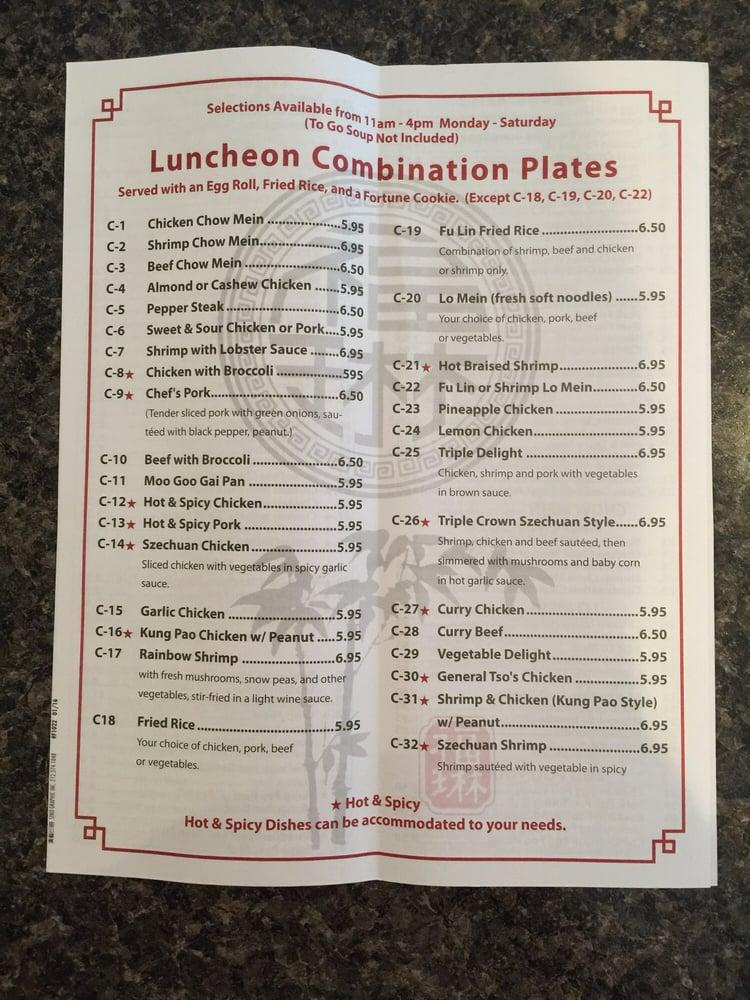 Menu at Fu lin Chinese restaurant, Little Rock