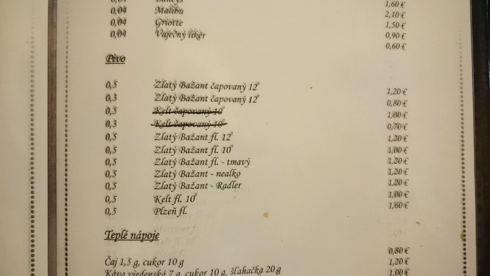 Menu at Koliba Josu restaurant, Zuberec