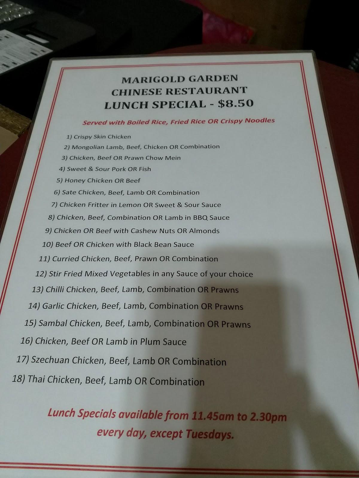 Menu at Marigold Garden Chinese Restaurant, Bathurst