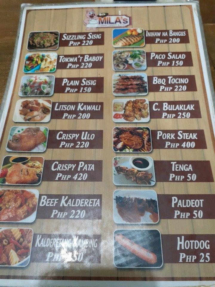 Menu at Mila's Tokwa't Baboy restaurant, Angeles, St.