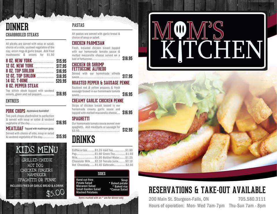 Menu at Mom's Kitchen restaurant, West Nipissing