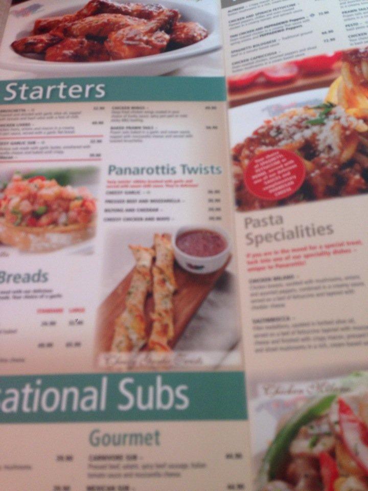 Menu at Panarottis restaurant, Lenasia