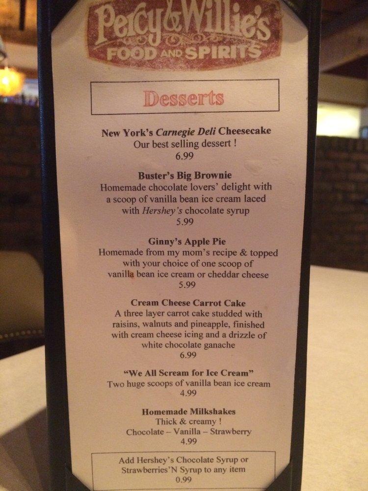 Menu at Percy & Willies restaurant, Florence, 130 Dunbarton Dr