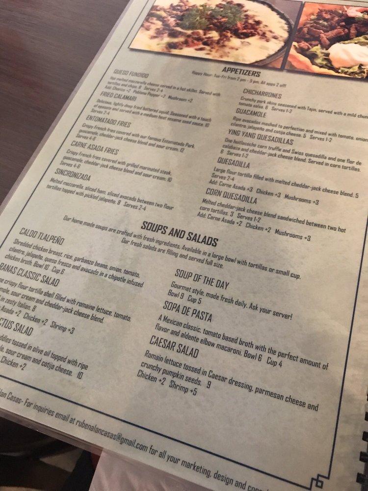 Menu at Ranas restaurant, Spring Valley