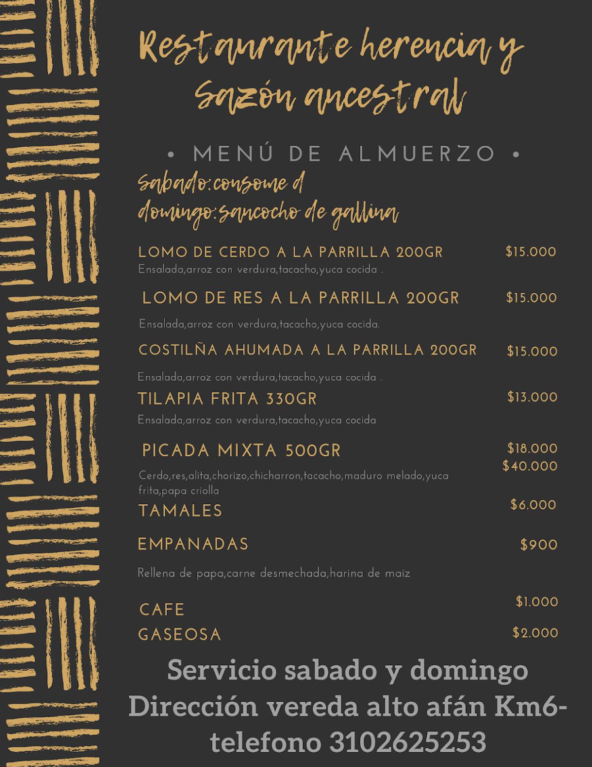 Carta de Restaurante herencia y sazon ancestral, Colombia