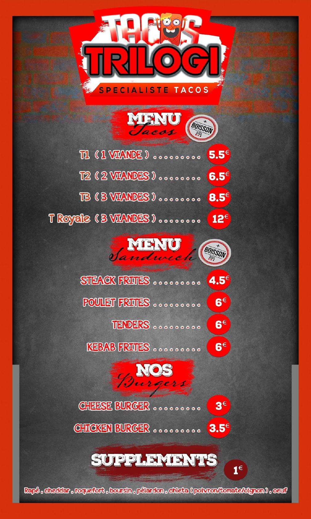 Menu au Tacos Le Trilogi (TLT) restaurant, Alès