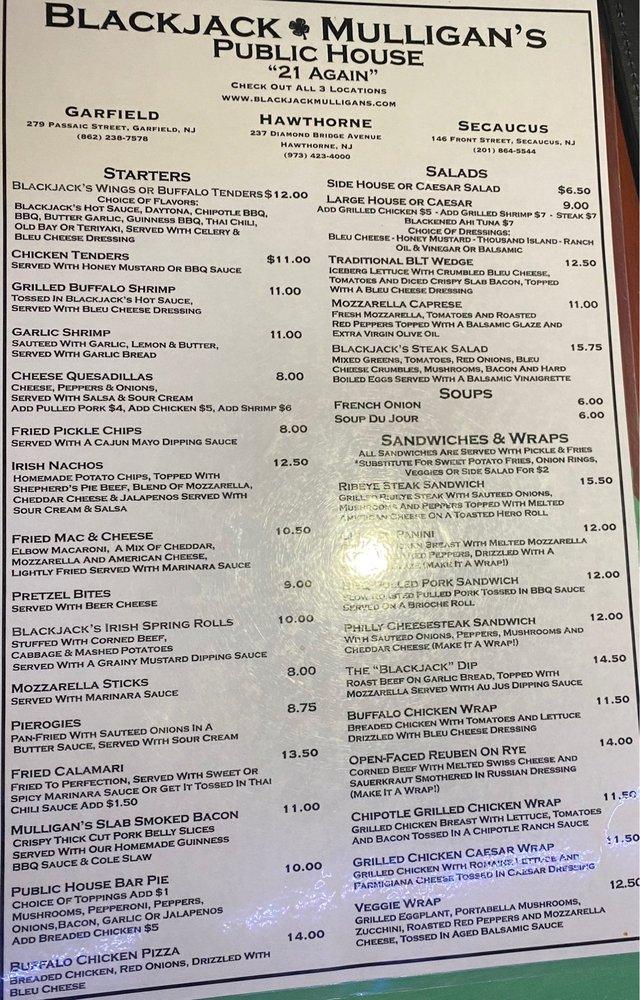 Menu at Blackjack Mulligan's Public House, Hawthorne