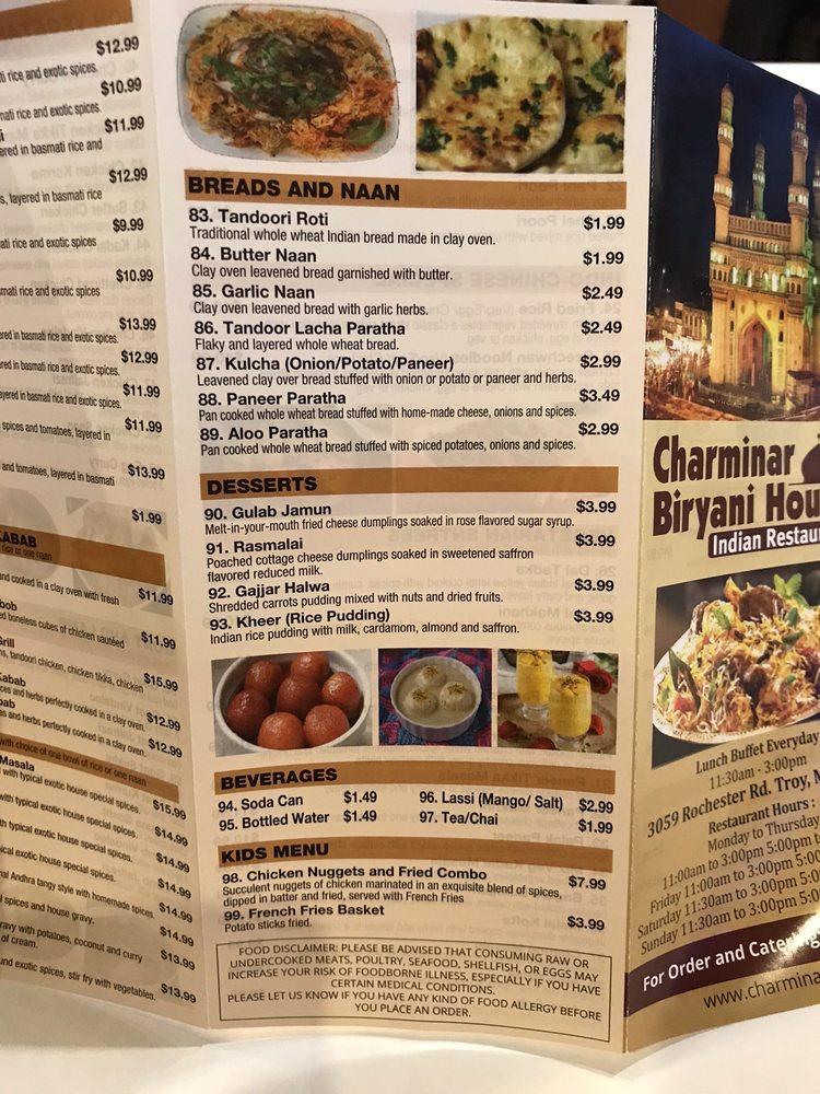 Menu at Charminar Biryani House - Troy restaurant, Troy