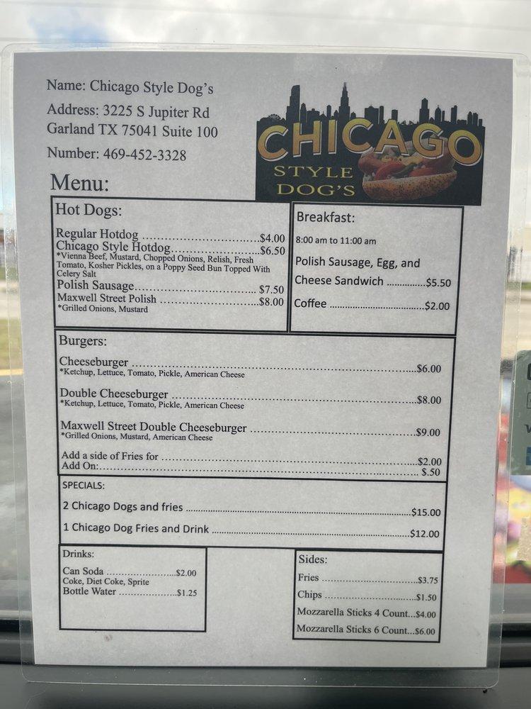 Menu at Chicago Style Dog's restaurant, Garland