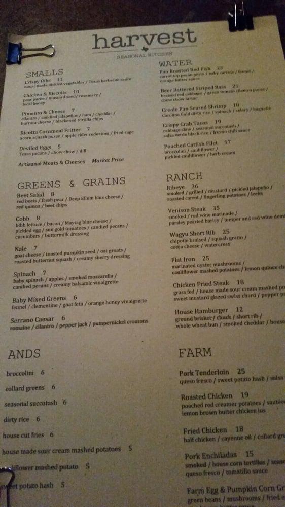 Menu at Harvest at the Masonic restaurant, McKinney