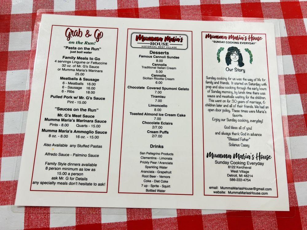 Menu at Mumma Maria's House restaurant, Detroit, Kercheval Ave