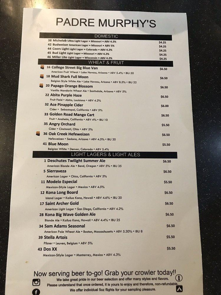 Menu at Padre Murphy's pub & bar, Glendale