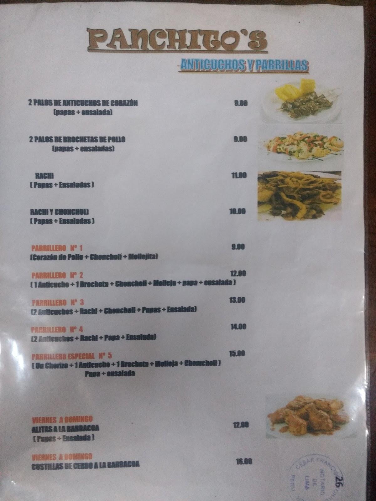 Menu at Panchito's Grill restaurant, Villa el Salvador