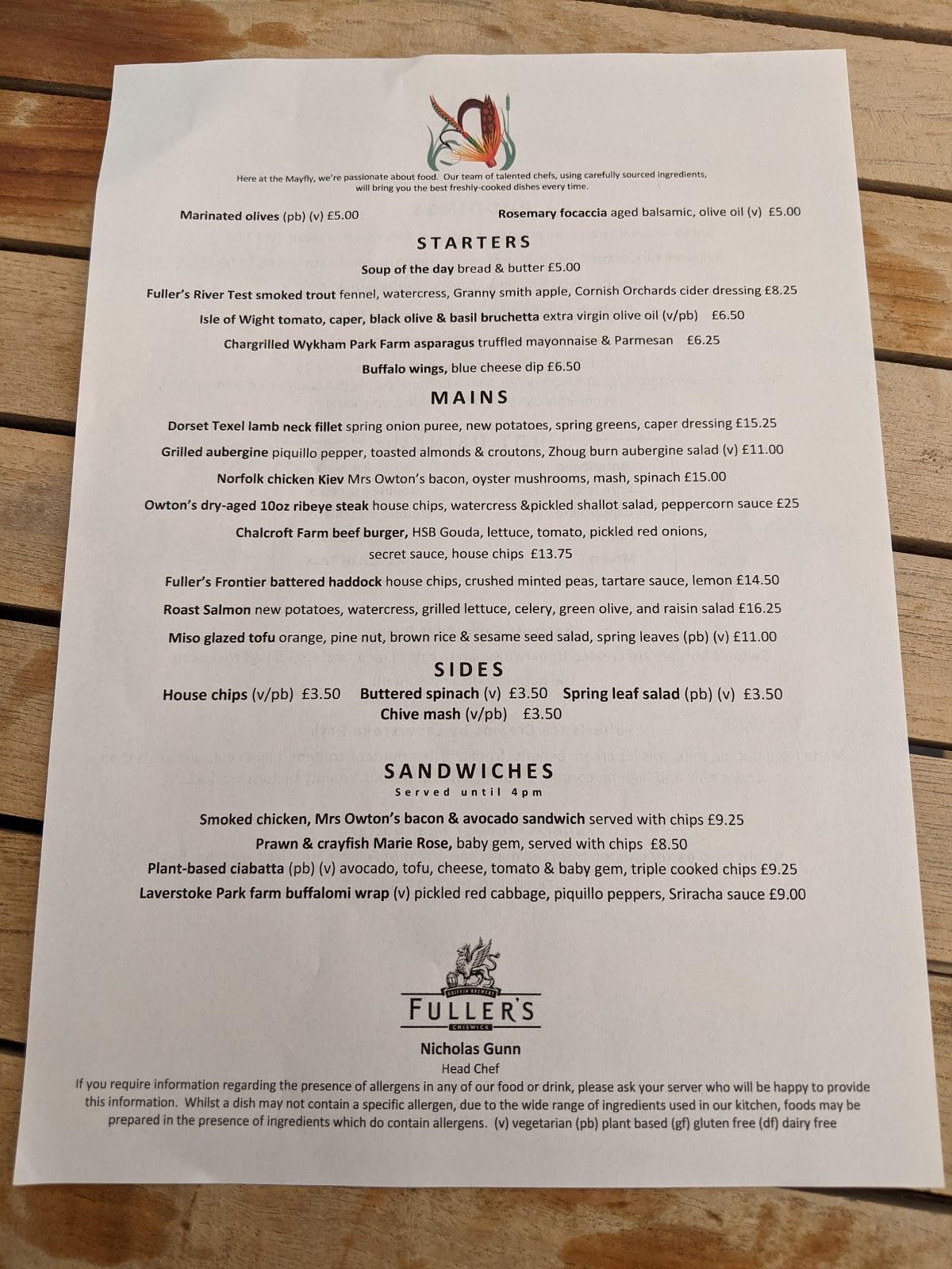 Menu at The Mayfly, Stockbridge pub & bar, Stockbridge