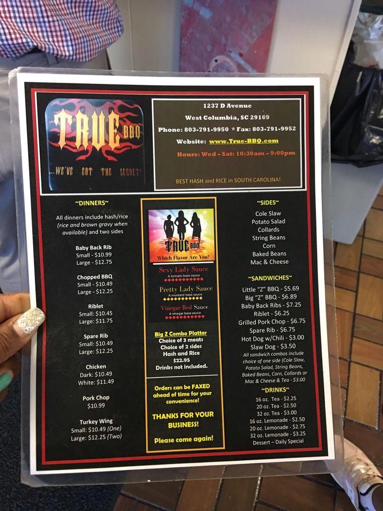 Menu at True BBQ, West Columbia