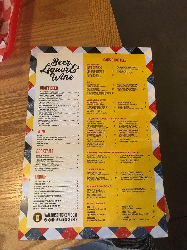 Menu at Waldo's Chicken & Beer restaurant, Nashville, 4th Ave N #103