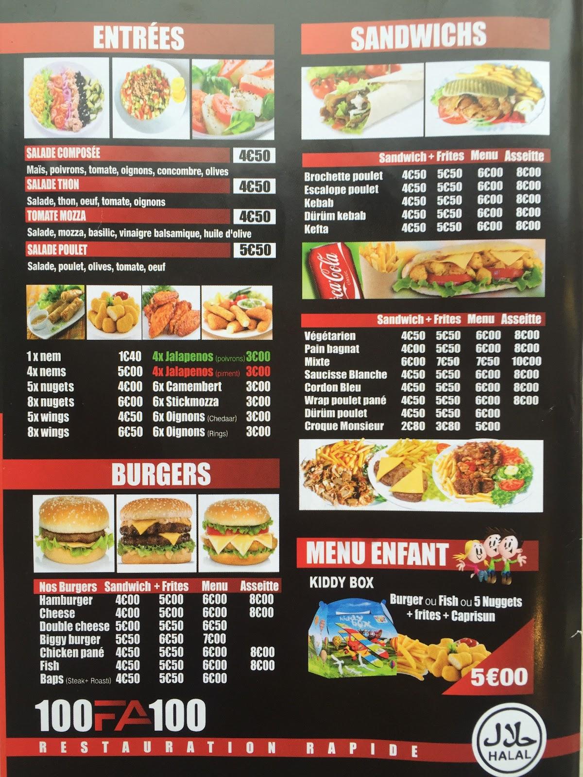 Menu at 100 fa 100 snack restaurant, Metz