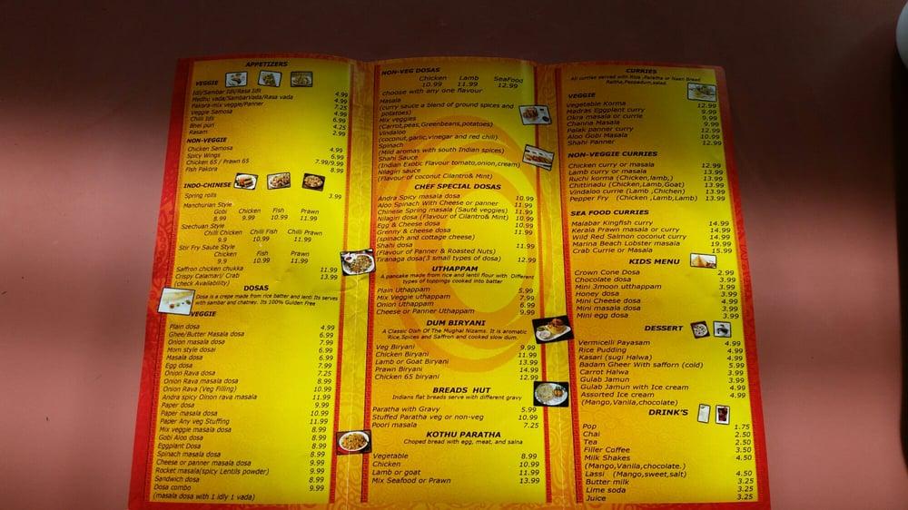 Menu at Dosa Hut restaurant, Vancouver, Fraser St