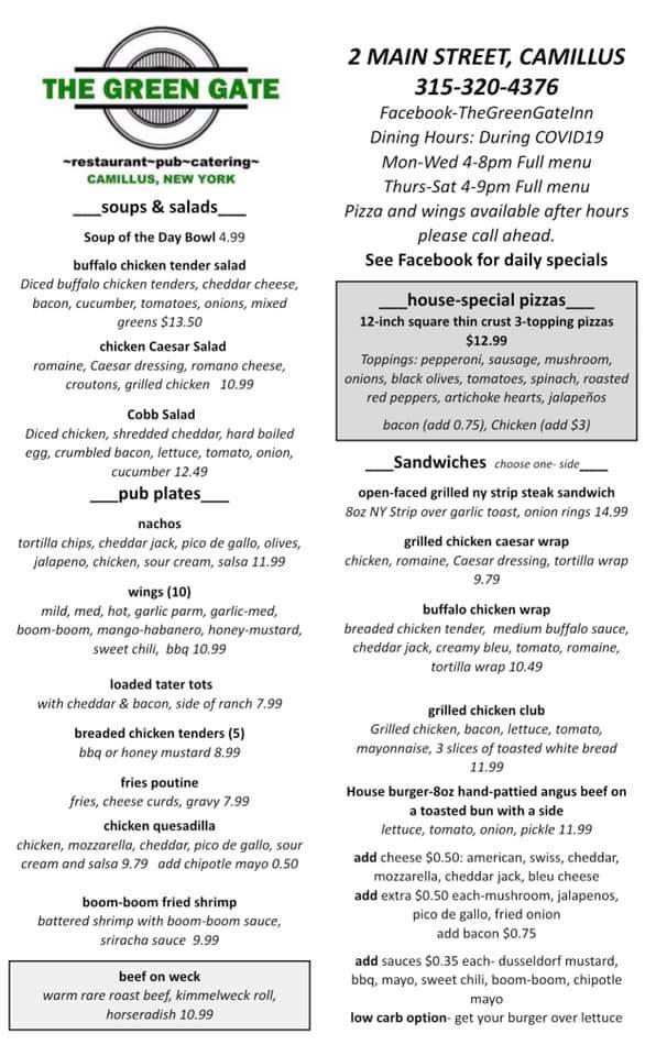 Menu at Green Gate Inn pub & bar, Camillus
