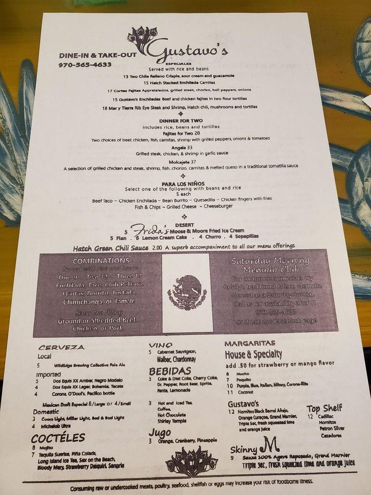 Menu at Gustavo's Mexican Restaurant and Bar, Cortez