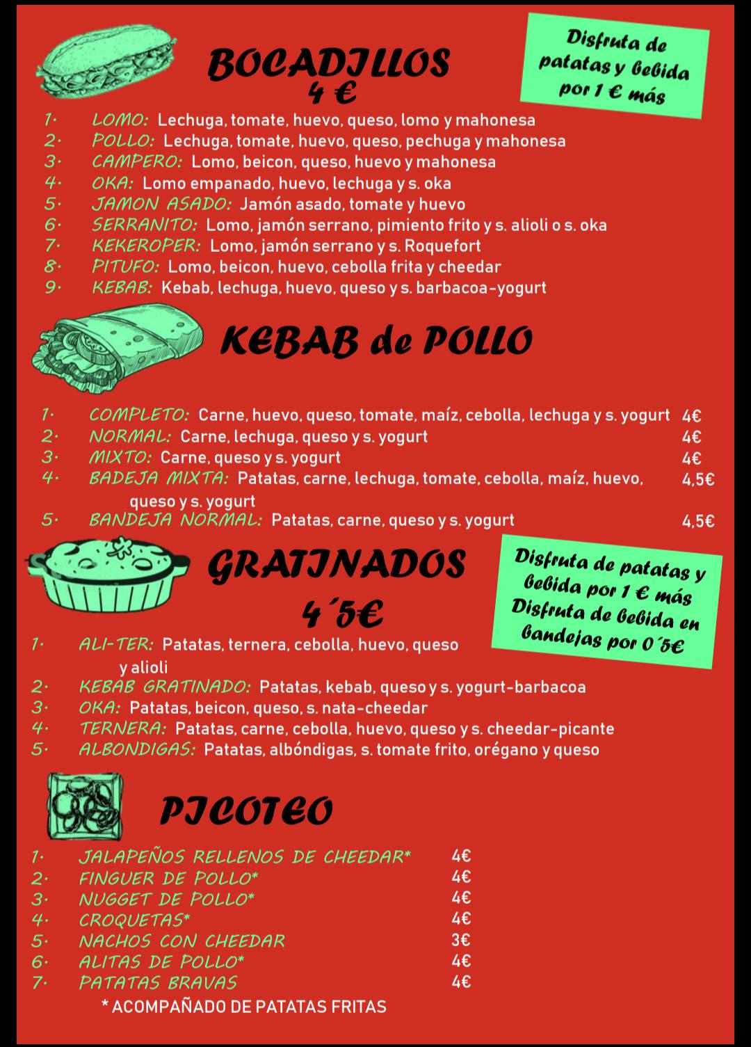 Carta del restaurante La Oka, Belicena
