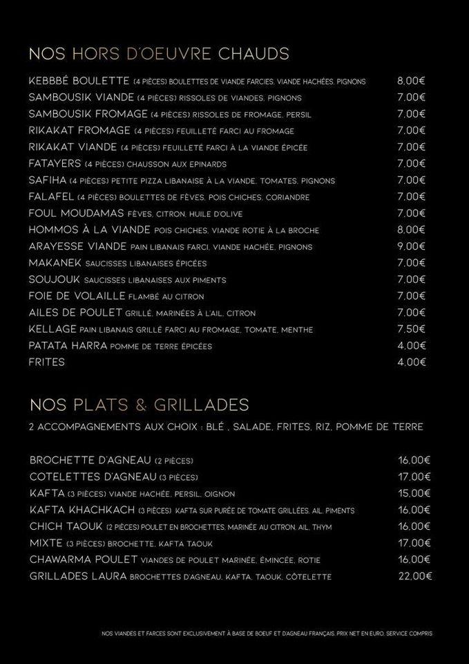 Menu au Laura restaurant, Issy-les-Moulineaux
