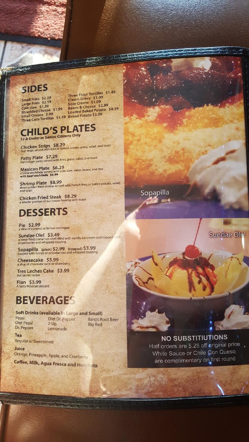 Menu at Los Panchitos restaurant, San Angelo, Pulliam St