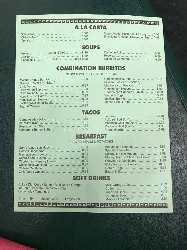Menu at Macho Cafe Mexican Food, San Gabriel
