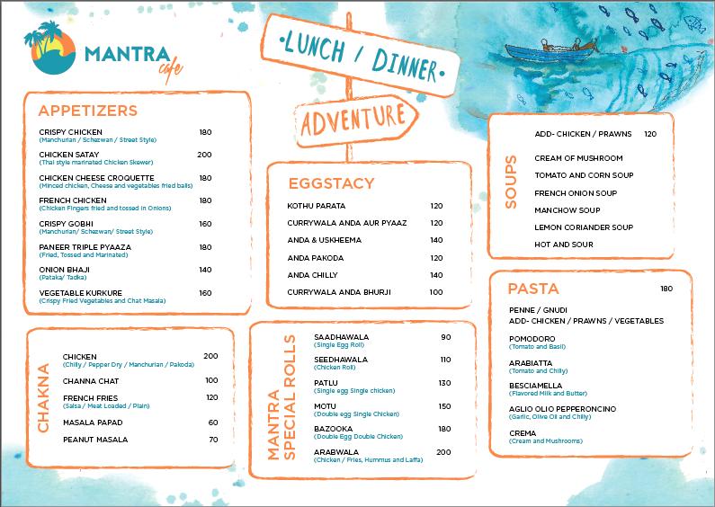 Menu at Mantra Cafe, Gokarna