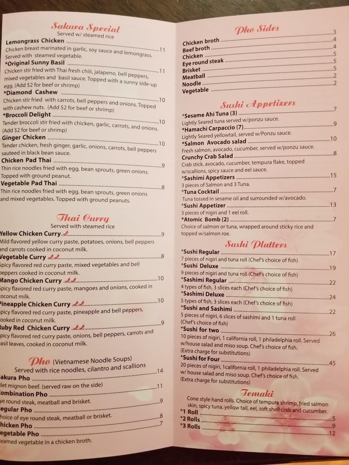 Menu at Sakura Bistro restaurant, Forest City