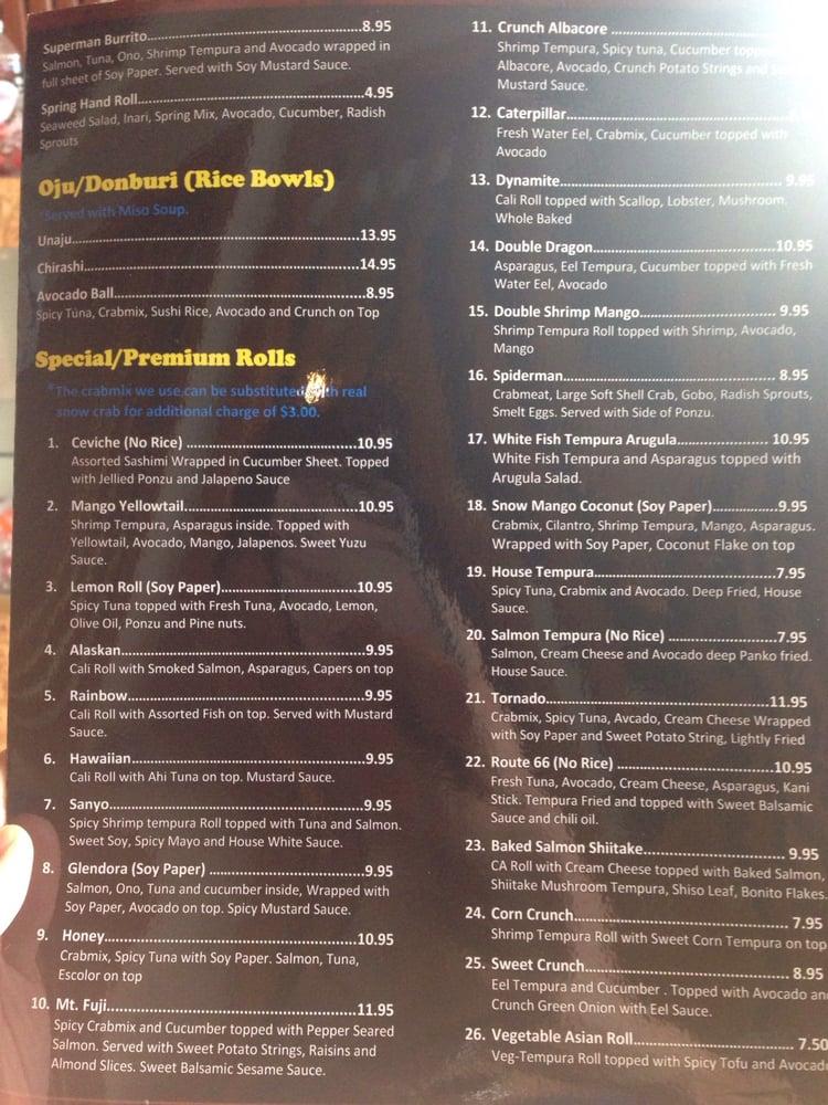 Menu at Sanyo sushi restaurant, Glendora