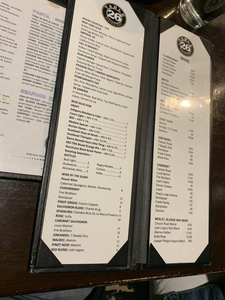 Menu at Table 26 steakhouse, Turlock