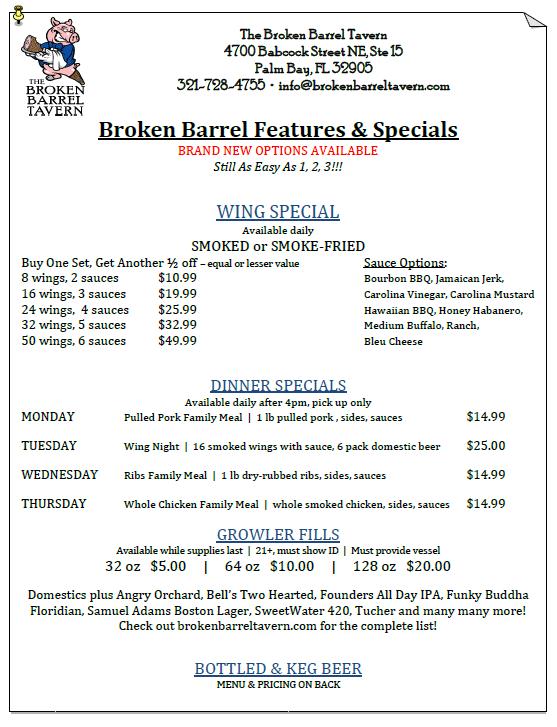 Menu at The Broken Barrel Tavern, Palm Bay