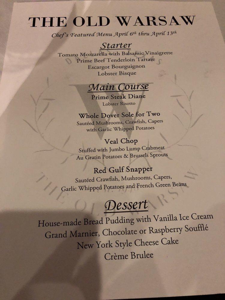 Menu at The Old Warsaw steakhouse, Dallas, Maple Ave