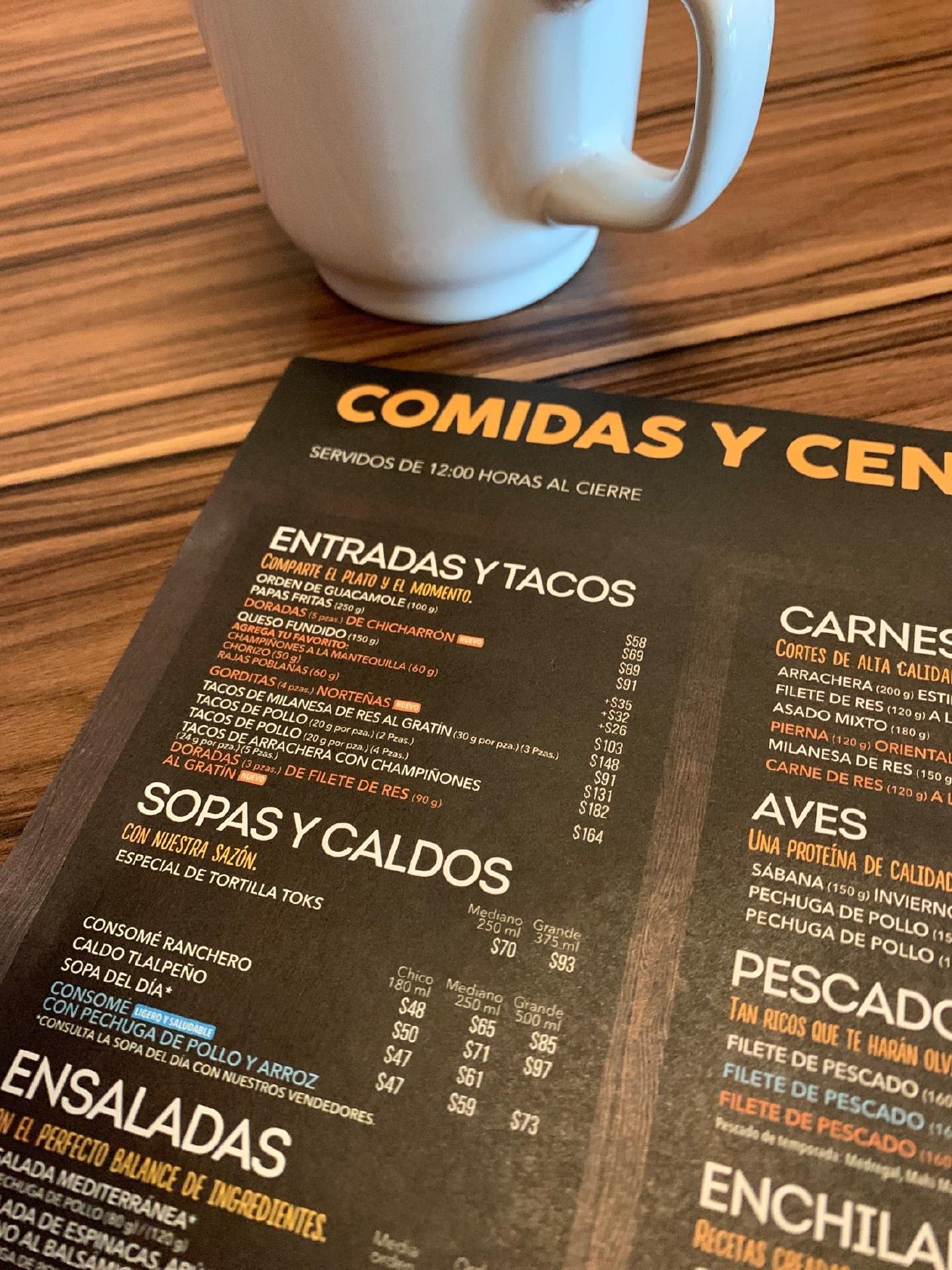 Carta del restaurante Toks, Cuernavaca, Mexico-Acapulco Km 87.5
